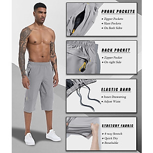 MAGCOMSEN Men's 3/4 Capri Workout Shorts Outdoor Quick Dry Knee Length Gym Drawstring Training Workout Beach Shorts Light Grey, 38