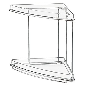 mDesign Steel/Plastic Freestanding Countertop Corner Shelf Organizer with 2-Tier Storage for Bathroom, Vanity, Cabinet, Counter - Holds Makeup, Bath Gel - Prism Collection - Clear