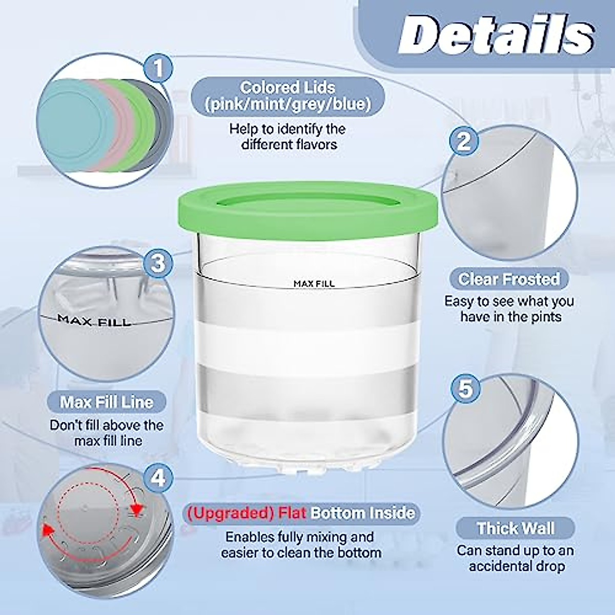 NANOBABY Pint Containers and Lids Replacement Compatible with Ninja CREAMi 7-in-1 Ice Cream Maker, 16oz Pint Cup Replacement for Ninja Creami NC301 Series,NC299AMZ NC300 CN305A CN301CO,4-Pack,BPA Free
