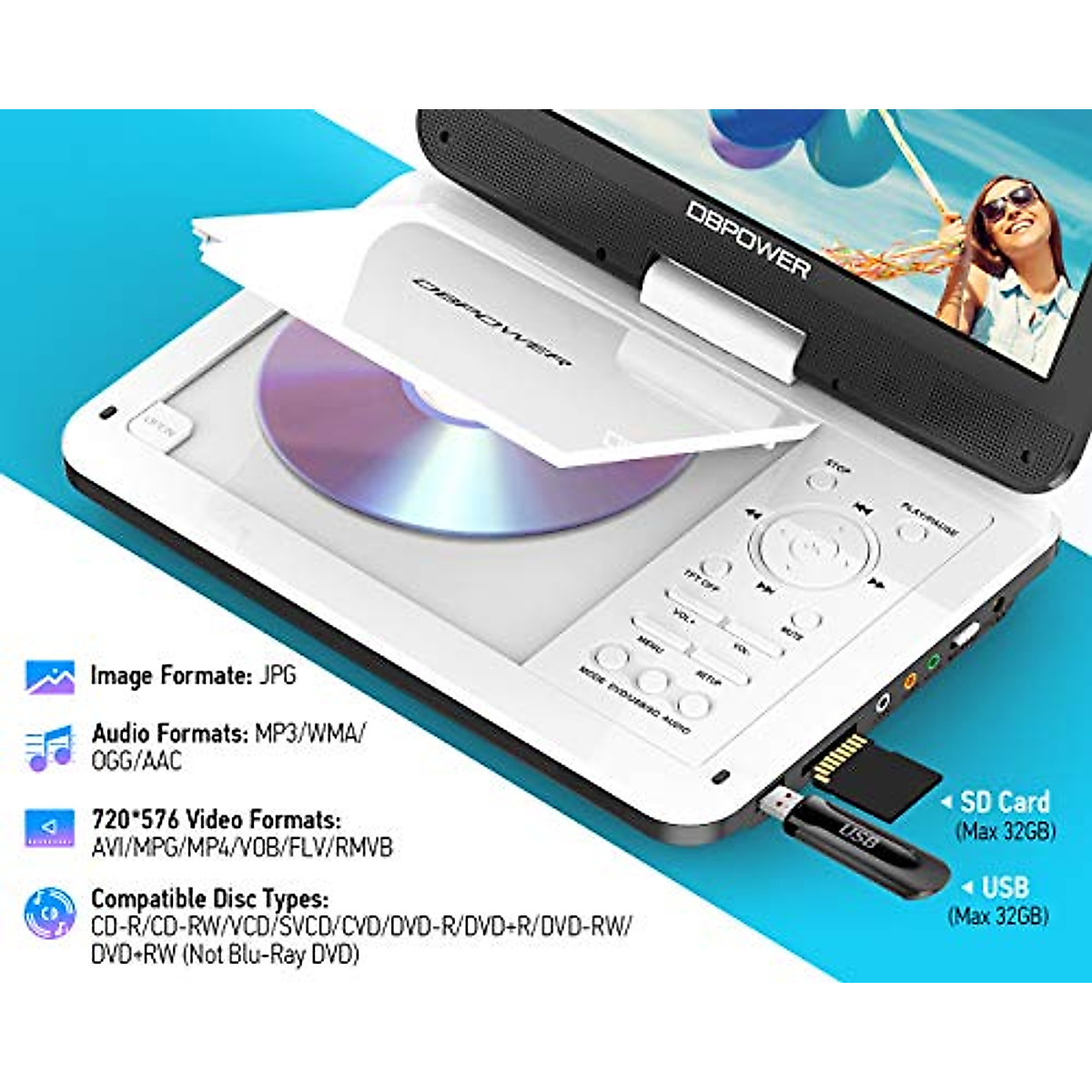 DBPOWER 12" Portable DVD Player with 5-Hour Rechargeable Battery, 10" Swivel Display Screen, SD/USB Port, with 1.8m Car Charger, Power Adaptor and Car Headrest Mount, Region Free-White