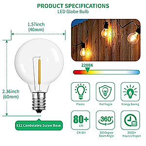 Meconard G40 Led Replacement Light Bulbs, E12 Screw Base Shatterproof Globe Bulbs for Outdoor String Lights, 1Watt Equvalent to 5 Watt Incandescent Bulbs,Warm White, 25Pack