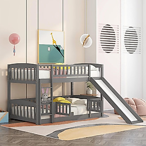 Twin Over Twin Bunk Bed with Fence Door,Slide and Ladder - Bunk Bed for Family, Kids, Teens,No Box Spring Needed