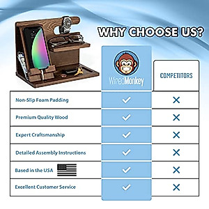 WiredMonkey Fathers Day Nightstand Organizer Wood - Durable Phone Docking Station with Non-Slip Base - Classy Solid Wood Gifts for Men - Hand Crafted Premium Bedside Table Organizer Men