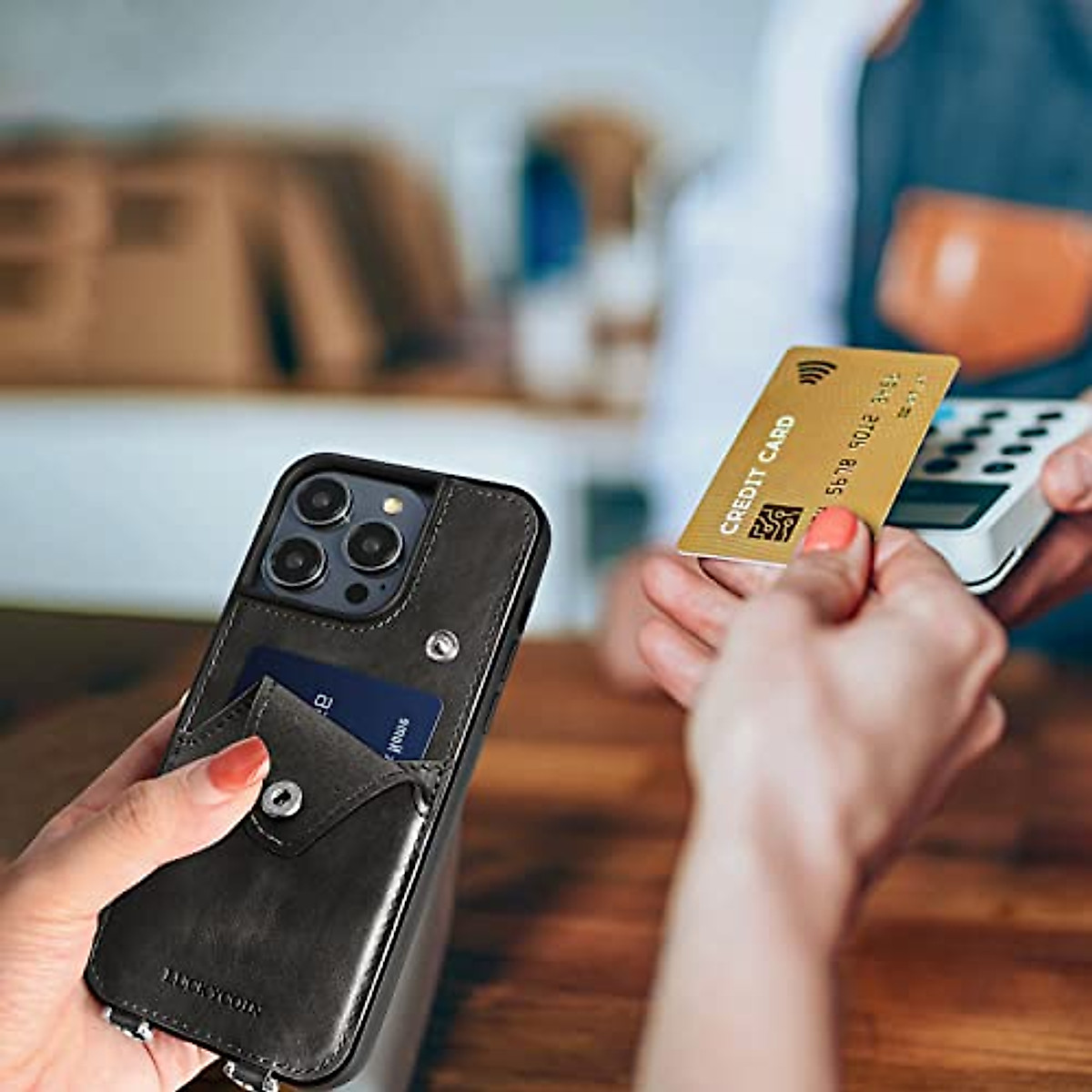 LUCKYCOIN Phone Case iPhone 14 Pro Crossbody Case for Women with Strap & Card Holder, Genuine Leather Wallet Case for Apple i Phone 14 Pro, Adjustable Lanyard Full-Body Protection, 6.1 inches, Black