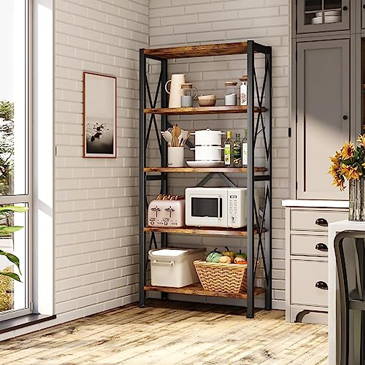 Homeiju 5-Tier Bookshelf, Wood Bookcase, Book Shelf with Steel Frame, Storage Rack with Open Shelves, Rustic Standing Bookshelves, Ladder Shelf for Bedroom, Living Room and Home Office