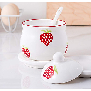 Mathew Hand-painted Strawberry Ceramic Seasoning Jar Condiment Pot Sugar Bowl with Lid and Spoon