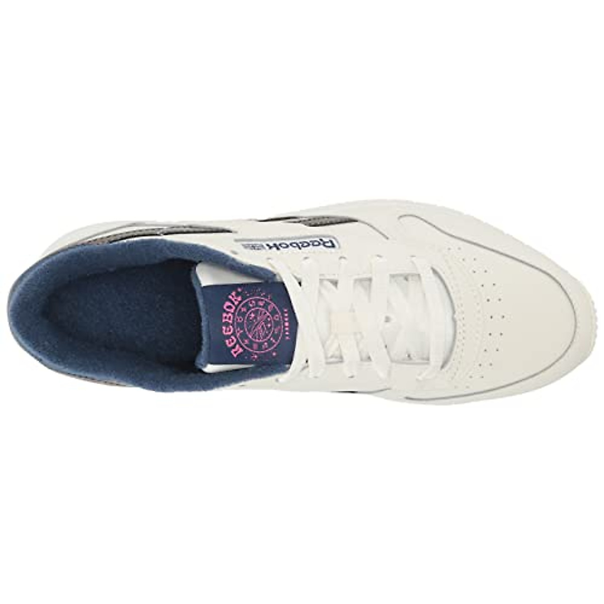 Reebok Women's Classic Leather Sneaker, Chalk/Batik Blue/Atomic Pink, 8