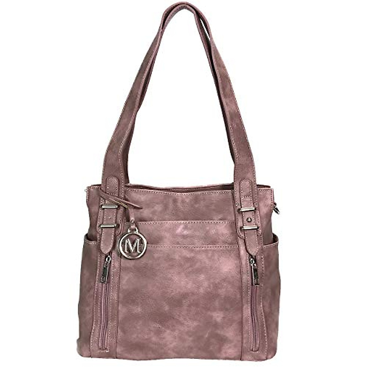 Zzfab Multi Pockets Double Handles Faux Leather Concealed Carry Purse with Hidden Locking Zipper Mauve
