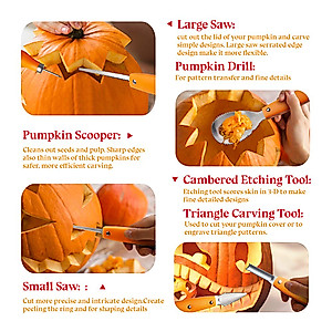EPLST Halloween Pumpkin Carving Kit, 6 Pieces Heavy Duty Professional Stainless Steel Carving Tools Set for Halloween Decorations, Included 2 LED Candles & 10 Carving Stencils, Easily Sculpting Orange