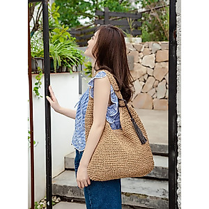 JBRUN Women Straw Shoulder Bag Handmade Woven Handbag Summer Beach Tote Straw Leather Handle Large Bucket Bag (E-Brown)