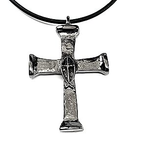 Horse Nails Dark Metal Finish Cross Pendant Black Rubber Cord Necklace