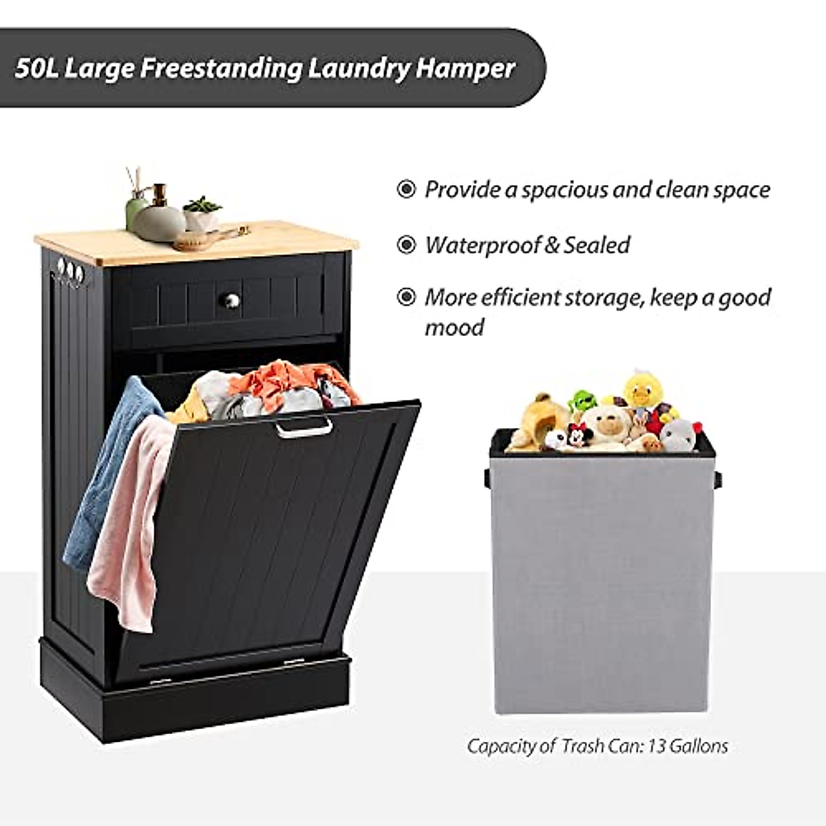 Dragosum Kitchen Trash Can Cabinet, 10 Gallon Tilt Out Waste Bins, Free Standing Laundry Hamper with Hideaway Drawer Wooden Bamboo Cutting Board Storage Bag, Pet Proof for Living Room (Black)