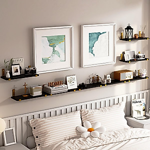 YGEOMER Floating Shelves, Set of 8, Rustic Wall Shelves, Wood Floating Shelf for Bedroom, Living Room, Book and Bathroom (Black Gold)