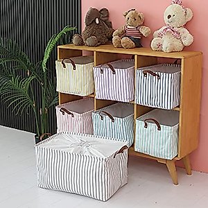 Hinwo 70L Extra Large Capacity Storage Basket Canvas Storage Bin Collapsible Storage Box with PU Leather Handles and Drawstring Closure, 22 by 15 inches, Waterproof Inner Layer, Grey Vertical Stripe