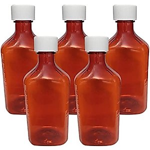 Plastic Amber Liquid Medicine Bottles with Child Resistant Caps 4 oz Pack of 5 Oval Pharmaceutical Prescription Dispensing Bottle with Safety lids - Light-sensitive Pharmacy Container (4oz. 5 Pack)