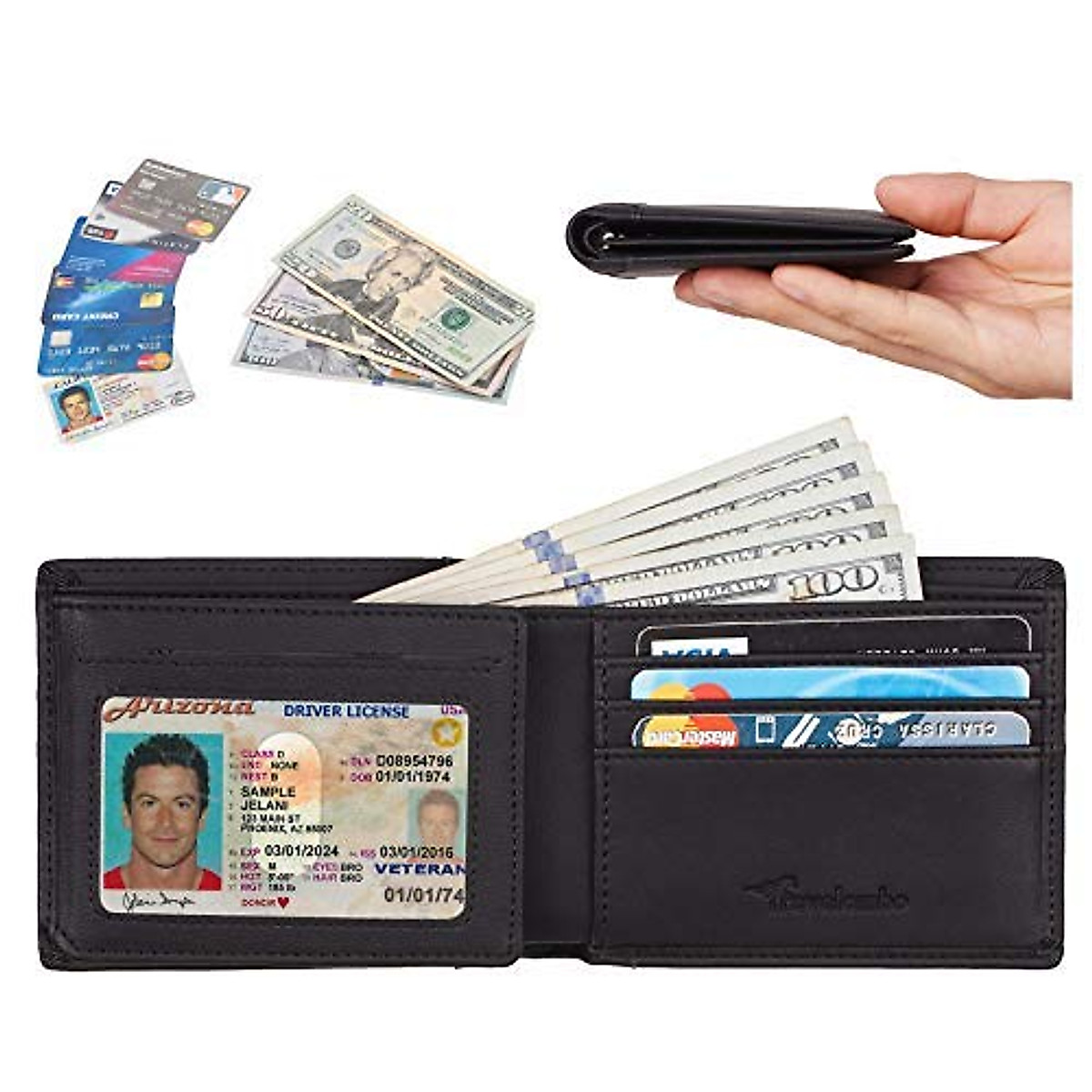 Travelambo Wallet for Men, Trifold Mens RFID Blocking Wallet, 12 Credit Card Holder Minimalist Front Pocket, Genuine Leather Slim Wallet with ID Window