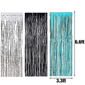 Graduation Decorations 2023 Turquoise Black Silver Foil Fringe Curtains for 2023 Turquoise Graduation Party Photo Backdrop/Women Birthday Decorations