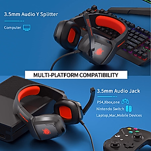 PHOINIKAS H1 Gaming Headset for PS4, Xbox One, PC, Laptop, Switch, Xbox One Headset with Noise-Cancelling Mic, Over Ear Headphones with Bass Surround - Red