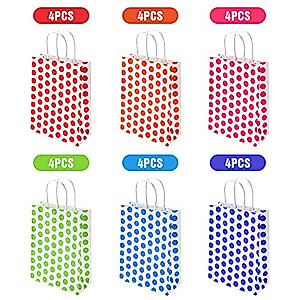 24 PCS Gift Bags, Party Favor Bags with Handles(160X 80 X 220mm),6 Colors Flat Bottom Kraft paper Bags with Handles Suitable for Christmas,Halloween,Kids Birthday,Wedding Party. (Cute Dots)