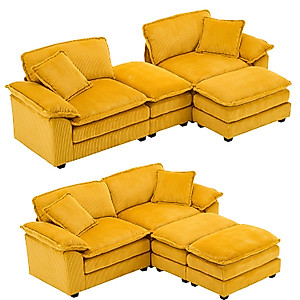 Corduroy Sectional Couch, 84“ Width Oversize Loveseat Sofa, Comfy Plush Cloud Couch Lounge Chair with Ottomans and 2 Pillows for Small Spaces, Living Room, Bedroom, Office Easy to Install (Yellow)