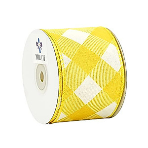 MEEDEE Yellow White Checkered Ribbon Christmas Wired Ribbon Yellow Burlap Ribbon 2.5 inch x 10 Yards for Christmas Tree Decoration Crafts Bows Making Wreath Wrapping Home Decor