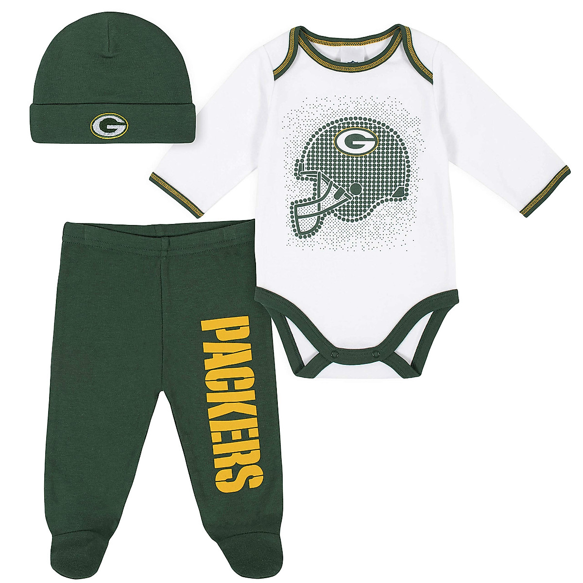 Gerber NFL Green Bay Packers 3 Pack Bodysuit Footed Pant and Cap Registry Gift Set, Green/White Green Bay Packers, 0-3M