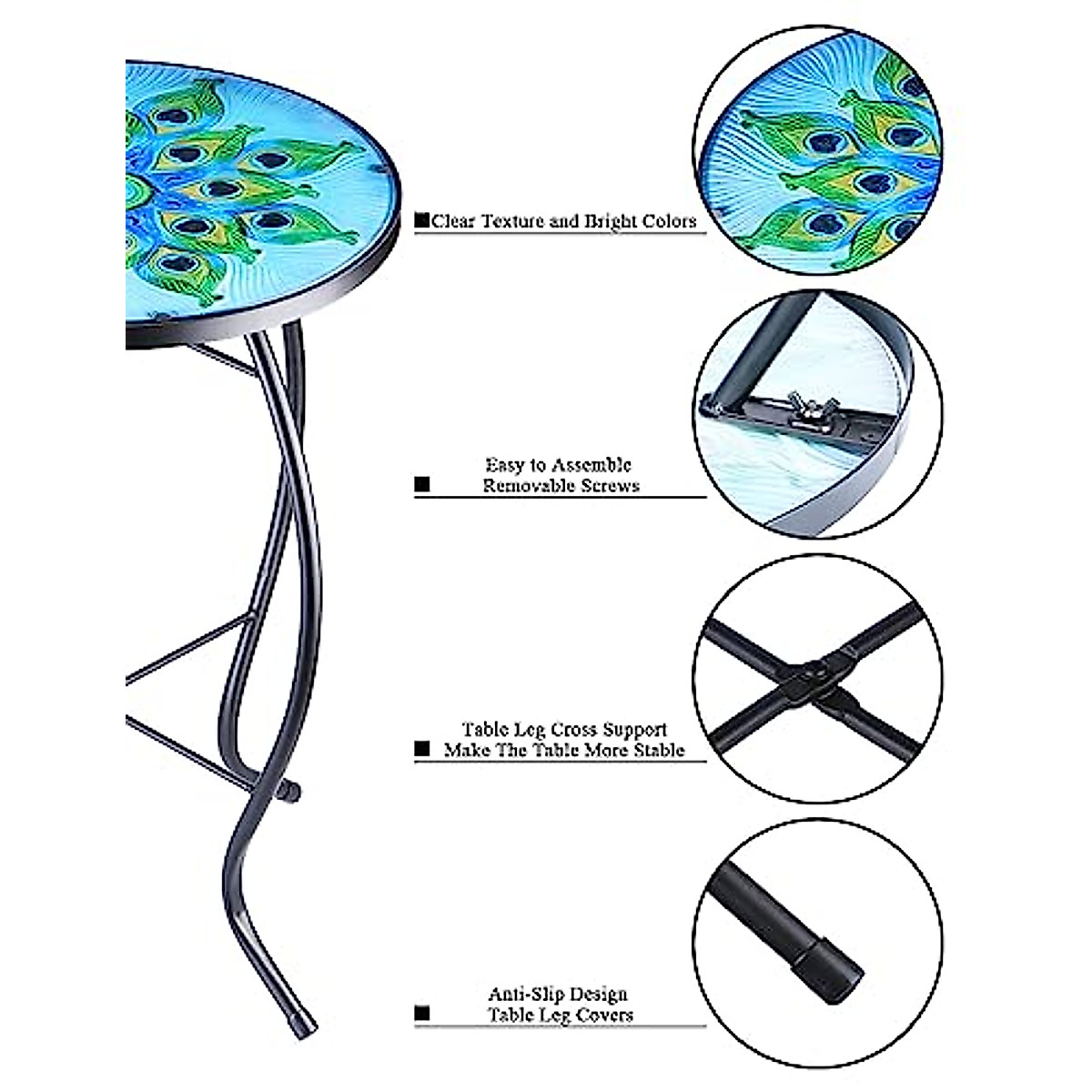 VCUTEKA Patio Side Table Outdoor Coffee Table Mosaic Accent Table Round Small End Table Bistro for Living Room Porch Balcony Backyard Garden Peacock Feather