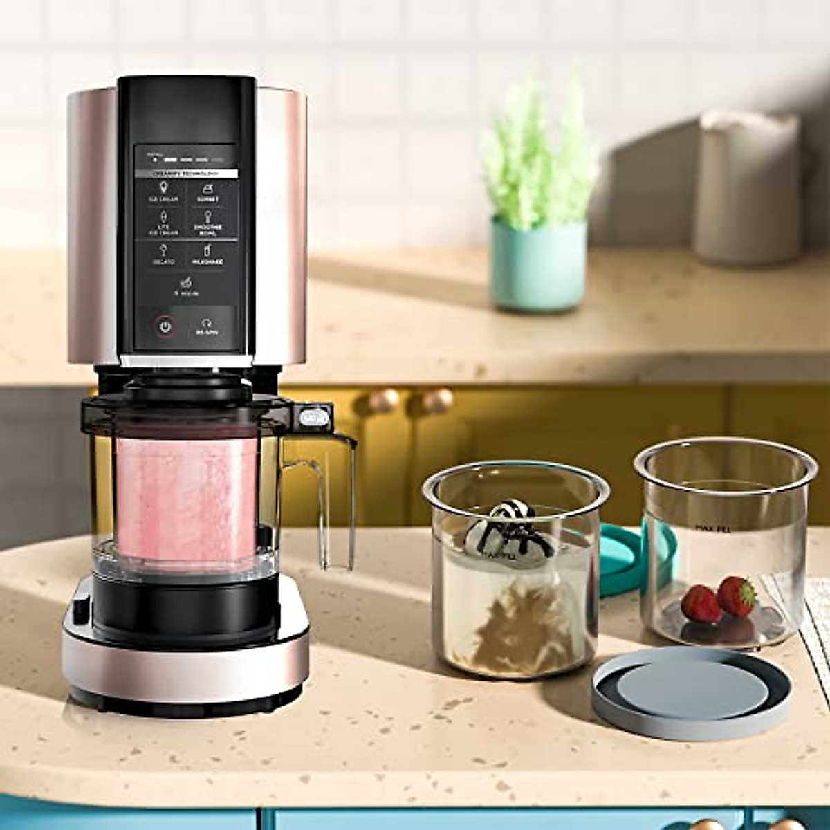 VIJIGIA Ice Cream pints Containers 4 Pack, Compatible with NC301 NC300 NC299AMZ Ice Cream Makers, Reusable, Dishwasher Safe, Airtight & Leaf-Proof, light blue/Gray/Pink/Green Lids