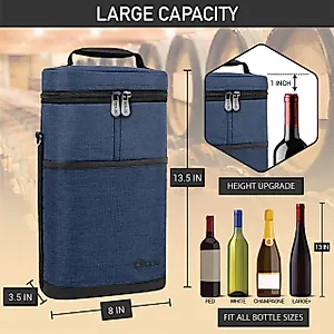 OPUX 2 Bottle Wine Carrier Tote, Insulated Leakproof Wine Cooler Bag, Wine Travel Bag for Picnic BYOB Beach, Portable Wine Bottle Carrying Case, Gift for Wine Lover Women Men Christmas, Navy