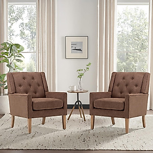 COLAMY Mid-Century Accent Chairs, Modern Wingback Living Room Chair, Upholstered Armchair with Button Tufted Back and Wood Legs for Bedroom/Reading Spaces/Office, Brown