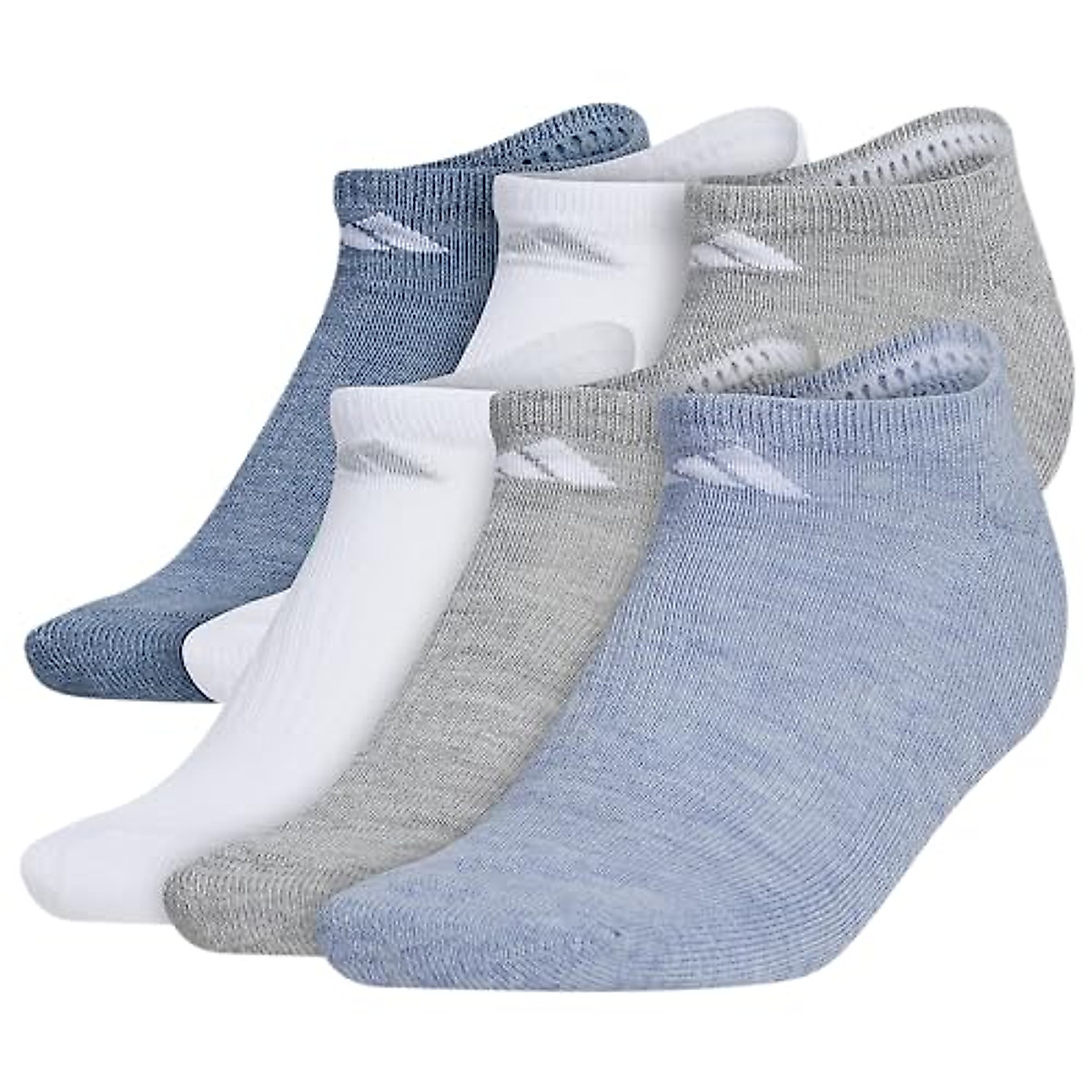 adidas Women's Athletic Cushioned No Show Socks (6-Pair) Low Profile Look with Arch Compression for a Secure fit Discontinued, Heather Grey/Washed Denim Blue Heather/White, M