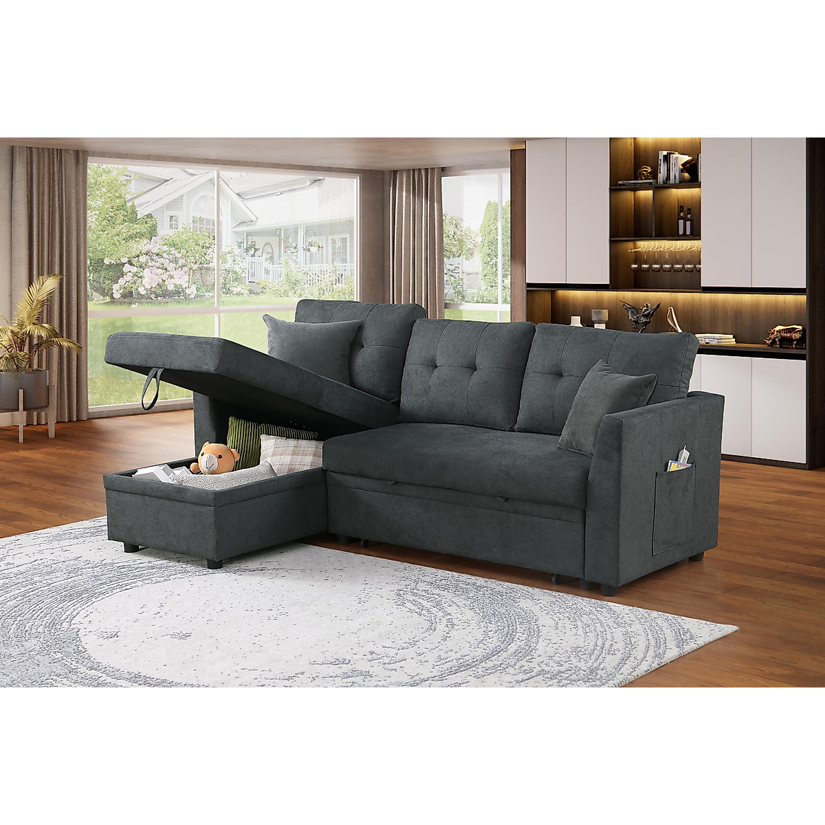 Eafurn L-Shape Reversible Sectional Sofa Bed Convertible Sleeper Corner Couch w/USB Ports and Storage Chaise, 4 in 1 Pull-Out Sofabed for Living Room, Apartment, Office