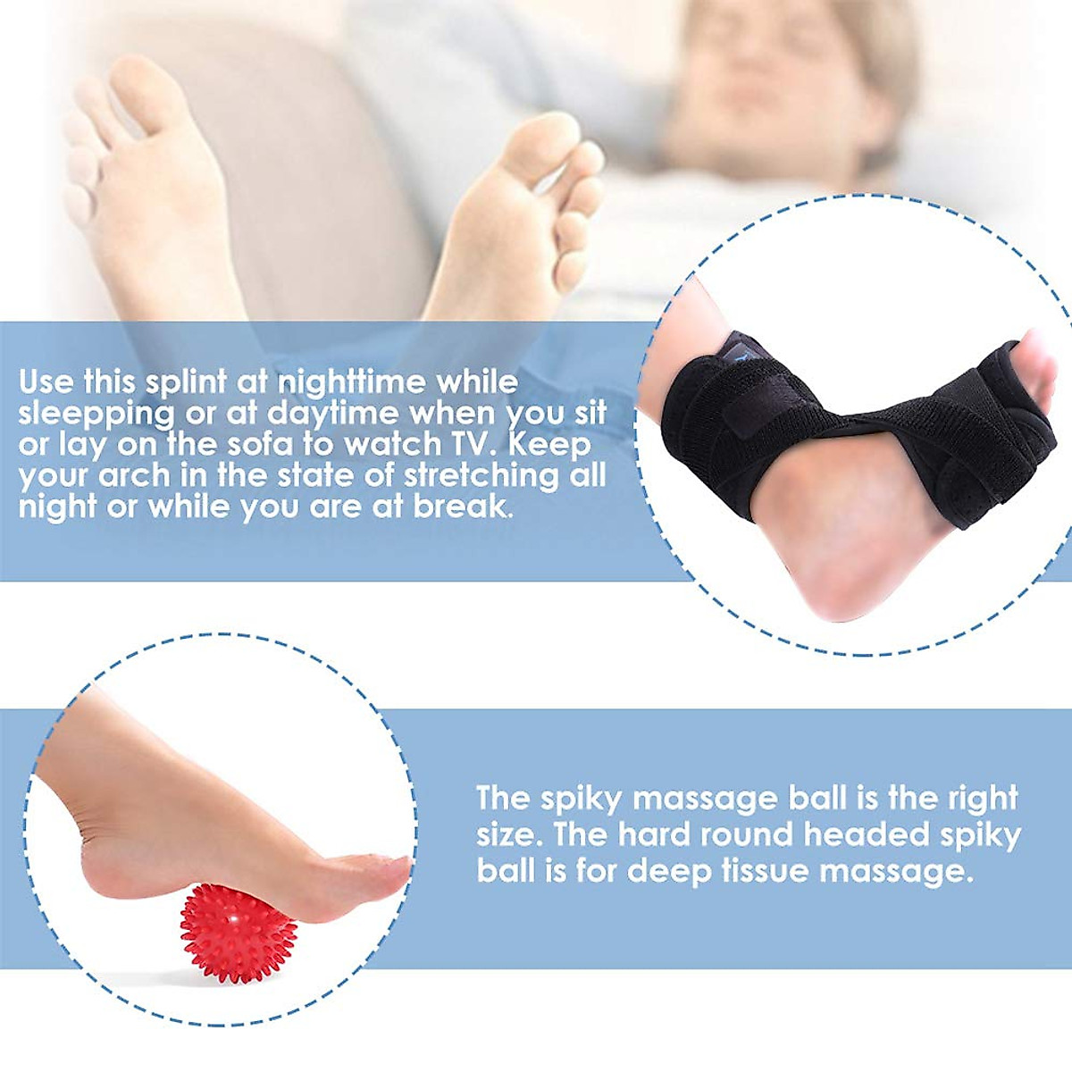 Plantar Fasciitis Support, Dorsal Night Splint for Foot Drop & Plantar Fasciitis, Foot Arch Supports for Plantar Fasciitis, Achilles Tendonitis Brace for Women Men with Hard Spiky Massage Ball
