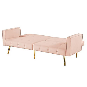 hansones Modern Velvet Button Tufted Folding Futon Sofa Bed with Armrest and Metal Legs for Living Room (Pink)