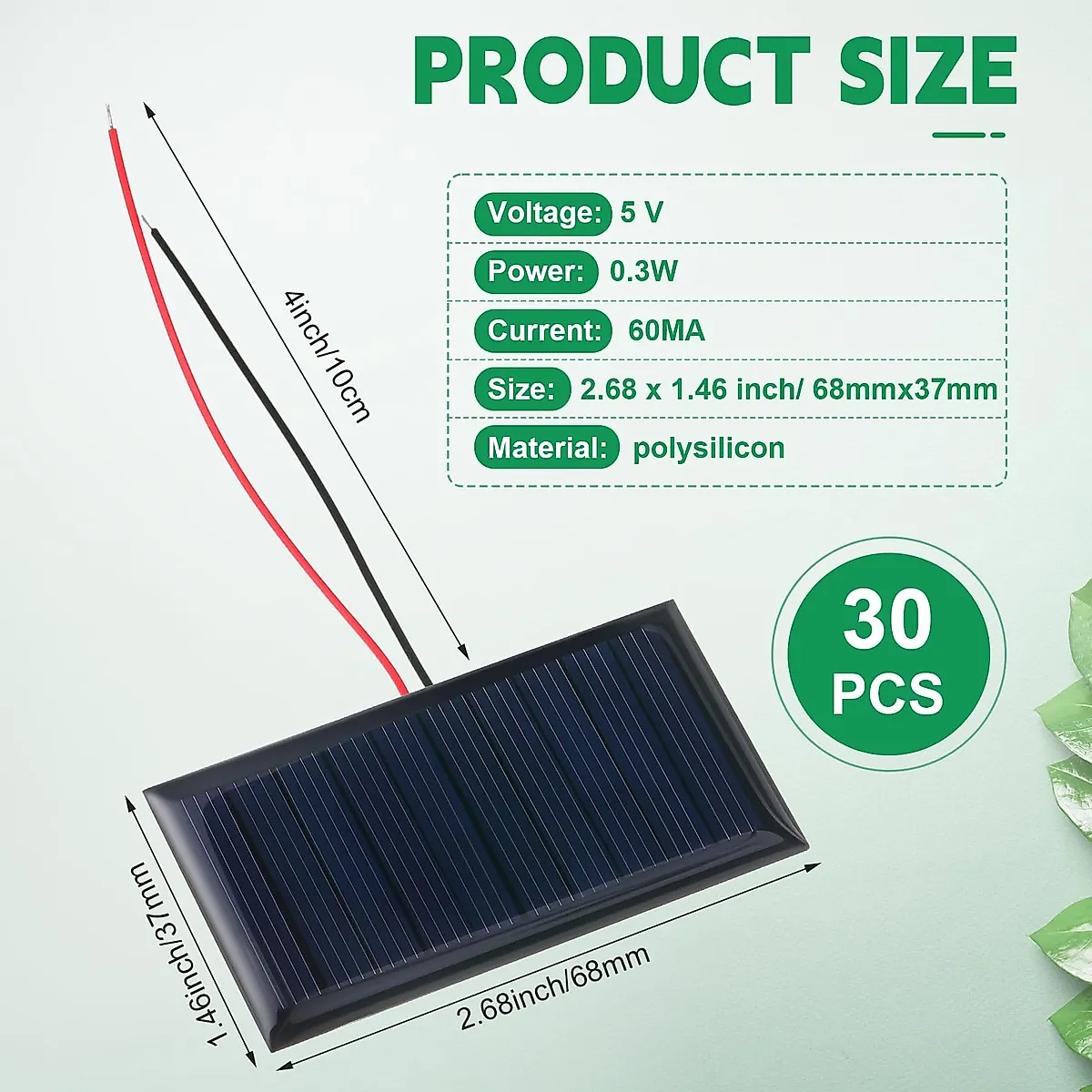 Retisee 30 Pcs Small Solar Panels Mini Polycrystalline Solar Cells 5v 60ma Epoxy Plate Photovoltaic Cells Charger Module with 10 cm Cable for Battery Charger DIY System 68 x 37 mm