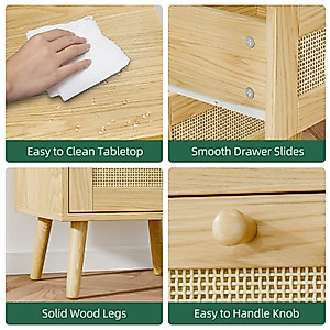 infurnic Rattan Nightstand, End Table, Nightstands Set of 2, Side Table with 2 Hand Made Rattan Decorated Drawers, Wood Night Stand Beside Table with Storage for Bedroom, Natural, 2 Pack