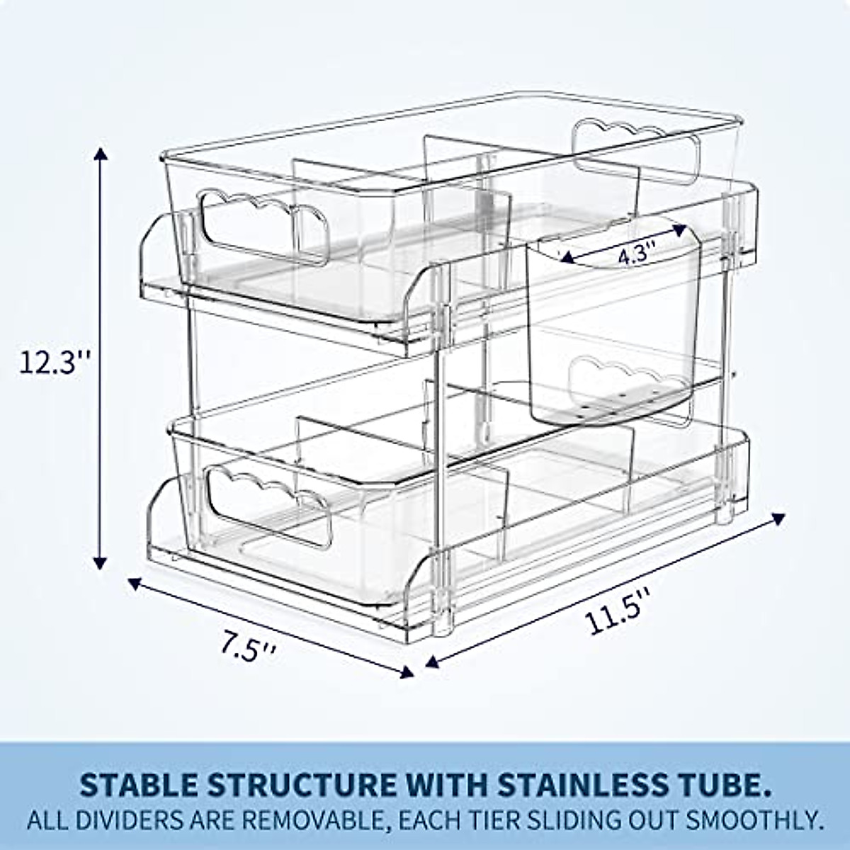 DOMNIU 2 Tier Clear Organizer with Dividers, Pantry Organization and Storage Multi Purpose Slide-Out Bathroom Organizer, Kitchen Pantry Medicine Cabniet Bins, Under Sink Organizer with Hanging Cup