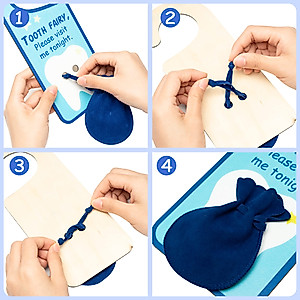 R HORSE 6Pcs Tooth Fairy Door Hanger Set Cute Tooth Fairy Wooden Door Hanging Sign With Tooth Fairy Pouch Bag Blue Tooth Fairy door hanging Pendent Encourage Gift for Lost Teeth Boys