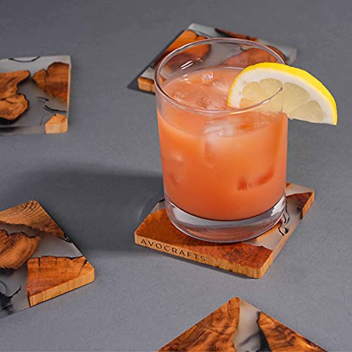 Avocrafts Wooden Coasters Set, Epoxy Coasters, Modern Coasters with Holder, Cedar Wood Coaster, Full Set of 6 with Holder