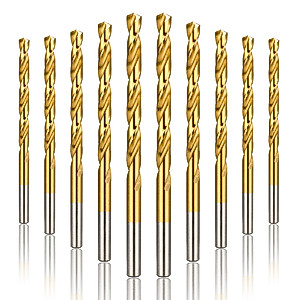 5/32" Titanium Drill Bits, HSS Metal Jobber Length Twist Drill Bits, 135° Split Point, Suitable for Drilling in Metal, Plastic, Wood, Pack of 10pcs, BECOLLO