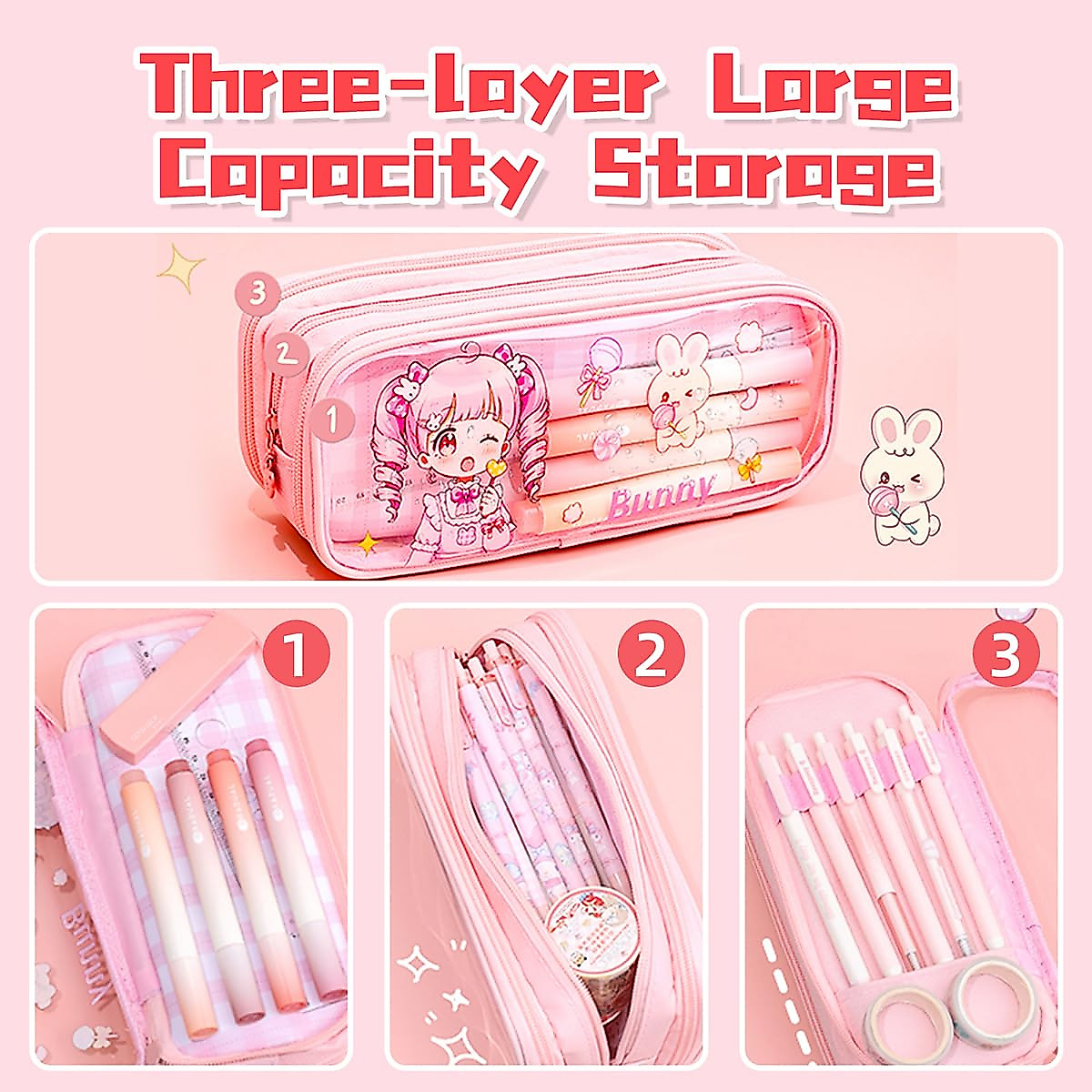 MILLEVIBE ITA Pencil Pouch Kawaii Large Capacity Pen Case : Cute Aesthetic Pencil Box Stationery Supplies for Teen Girls, 4 Included Highlighters (Pink)