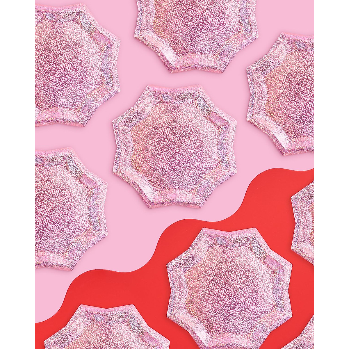 xo, Fetti Pink Holographic Starburst Foil Plates - 25 pcs | Happy Birthday Party Decorations, Holiday Party, Cool Cake Plates, Pink Bachelorette Disposable Party Plates