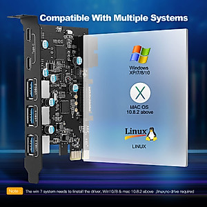 PCI-E x 1 to USB Expansion Card, USB 3.0 5Gpbs(3 x USB A - 2 x USB C - 1 x Internal 19-Pin Header) - USB PCI Express Card, PCIE Motherboard Card for PC Desktop, Support Windows Mac OS Linux