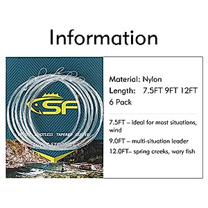 SF 6PCS Pre Tied Loop Fly Tapered Leader Nylon Fly Fishing Trout Leader Line 7.5FT-5X