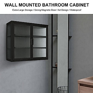 Bathroom Wall Cabinet, Over The Toilet Storage Cabinet with 2 Glass Doors & 3-Tier Storage, Bathroom Cabinet Wall Mount in Metal, Medicine Cabinets for Bathroom, Living Room, Laundry Room, Black