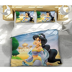 PONNYC Magic Lamp Jasmine Princess Duvet Cover Soft 3D Printed Bedding Set with Comforter Cover 3 Piece Set Includes 2 Pillowcases and 1 Duvet Cover Machine Washable (11,Twin (68"x86"))