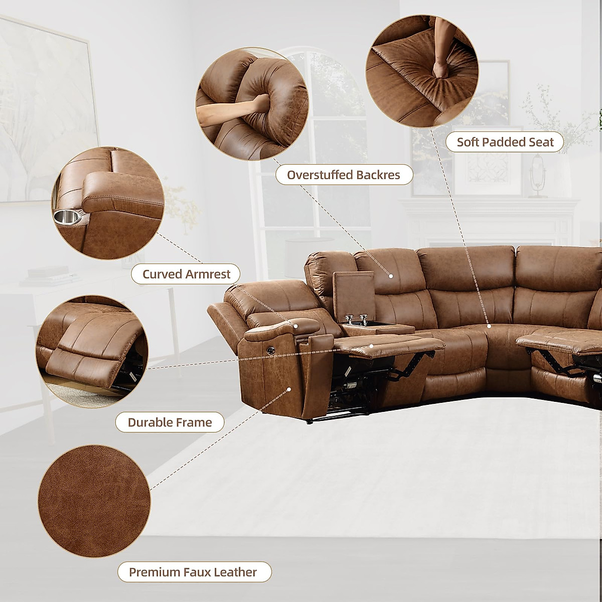 EBELLO Faux Leather Power Reclining Sectional Couches for Living Room, Recliner Sofa Set Corner Sectional Couch Home Furniture Set, with Storage Console and Hidden Cup Holders, USB Port, Brown
