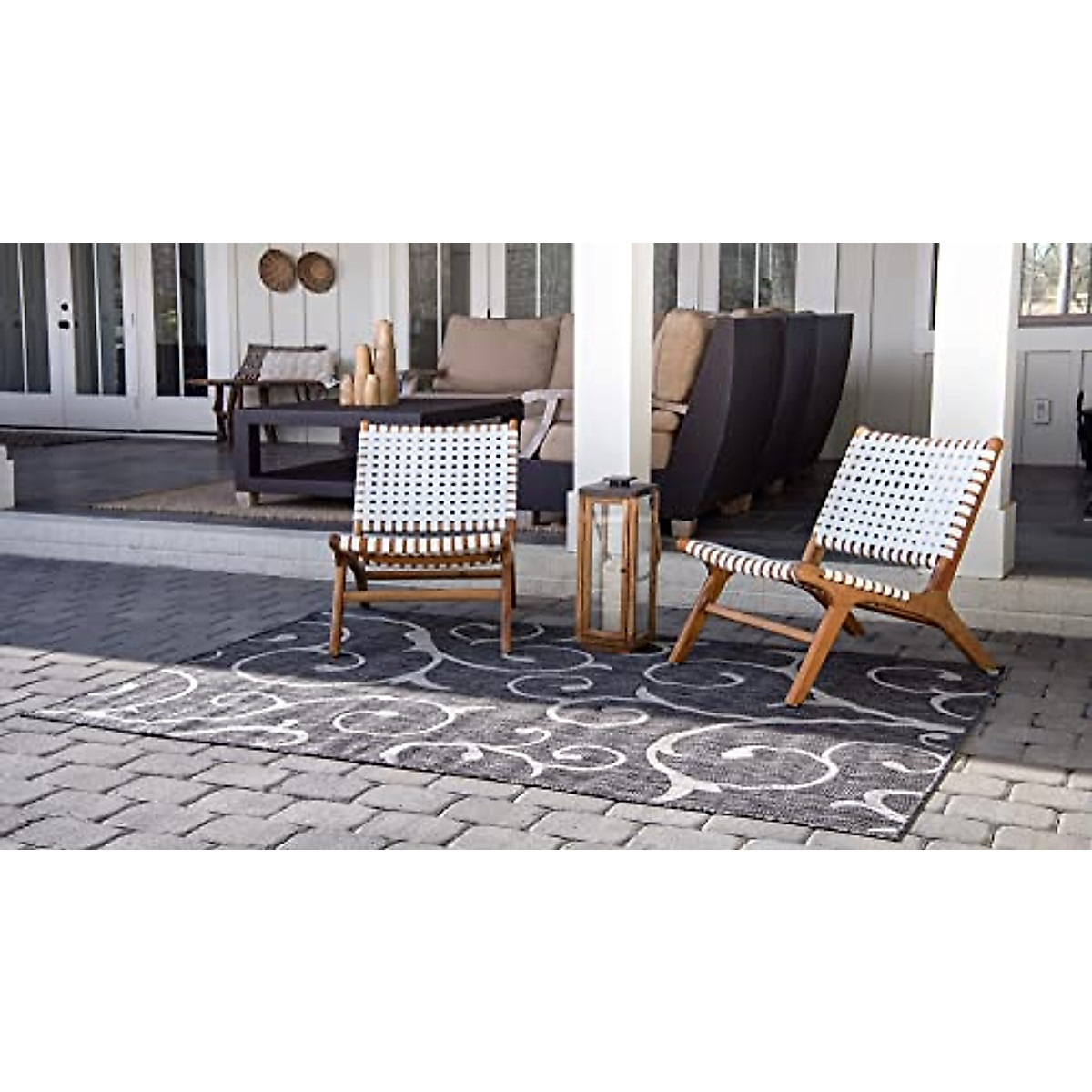 Unique Loom Outdoor Botanical Collection Botanical, Coastal, Vines, Indoor and Outdoor Area Rug (5' 0 x 8' 0 Rectangular, Charcoal Gray/Beige)