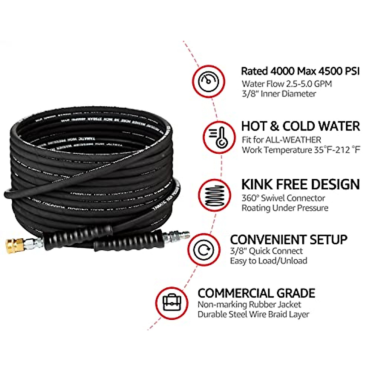 YAMATIC 3/8" Pressure Washer Hose 4000 PSI 50FT Hot Water Power Washer Hose Max 212°F with Swivel Quick Connect, Commercial Grade Steel Wire Braided & Synthetic Rubber Jacket, Kink Resistant