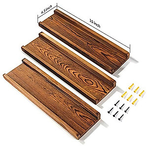 TJ.MOREE Picture Ledge Shelf Wall Mounted, Rustic Wood Photo Ledge Floating Shelves Set of 3, Floating Bookshelf Decor Vinyl Display for Living Room, Bedroom, Bathroom, Nursery - Carbonized Brown
